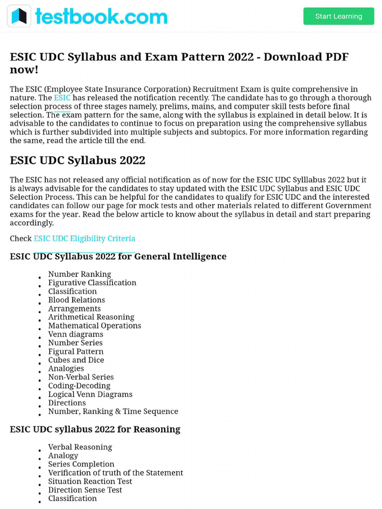 ESIC UDC Syllabus and Exam Pattern 2022 - Download PDF Now! | PDF