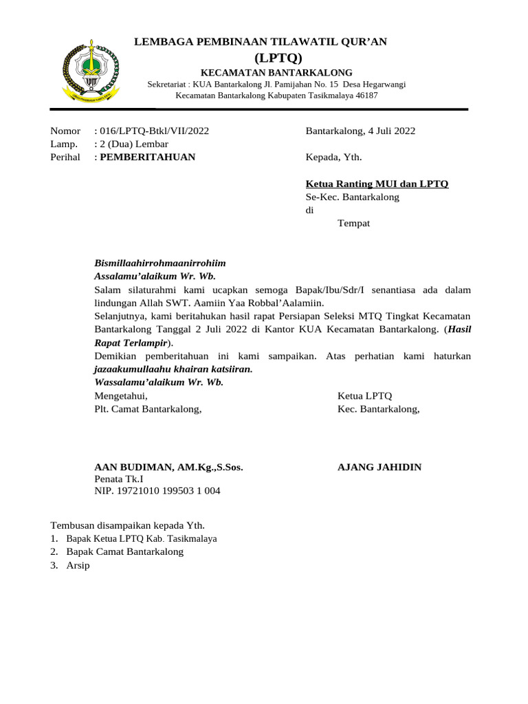Undangan MTQ Tingkat Kecamatan Bantarkalong | PDF