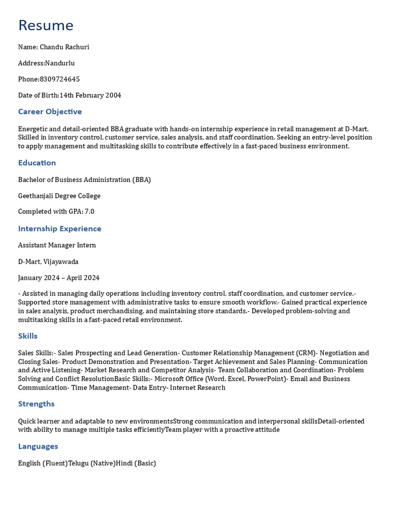 BBA Graduate Resume for Retail Management | PDF