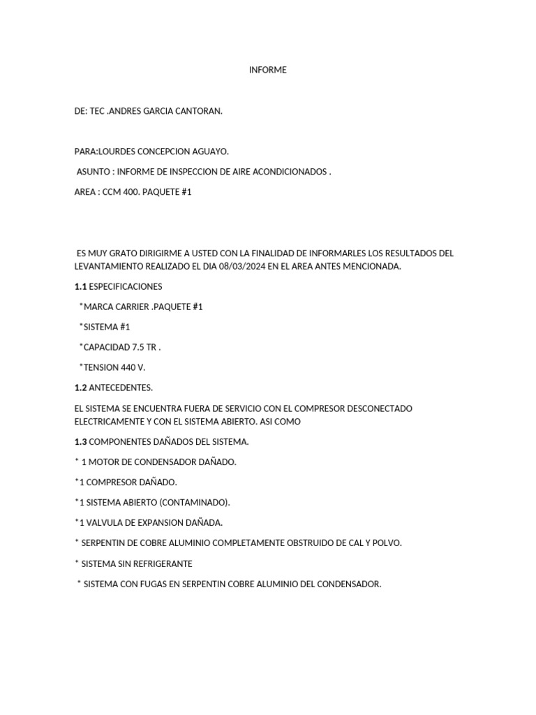 Informe de Inspección de A/A CCM 400 | PDF