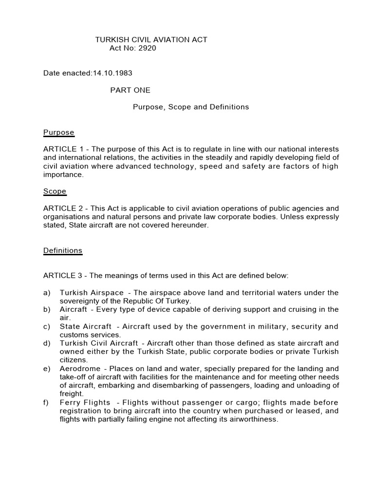 Turkish Civil Aviation Act - Act No 2920 - Date Enacted 14.10.1983 | PDF