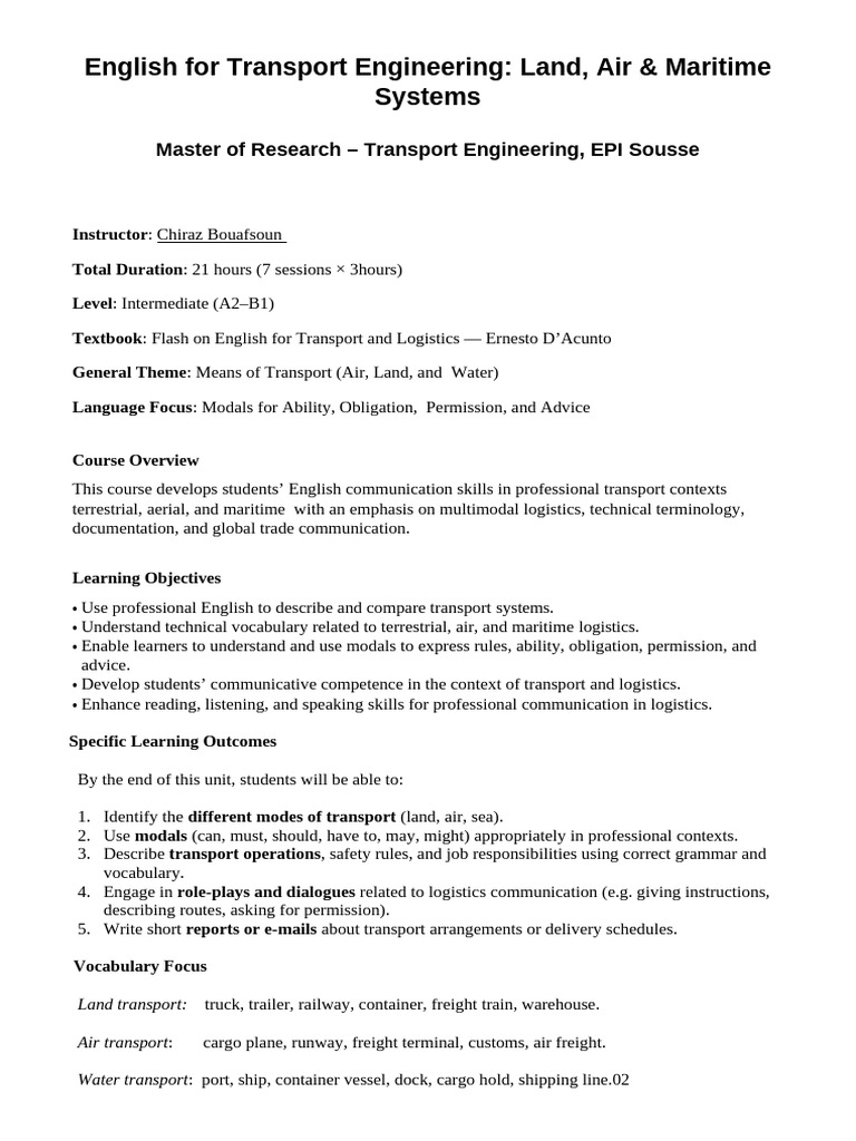 English for Transport Engineering 21h Syllabus (1) | PDF | Cargo ...