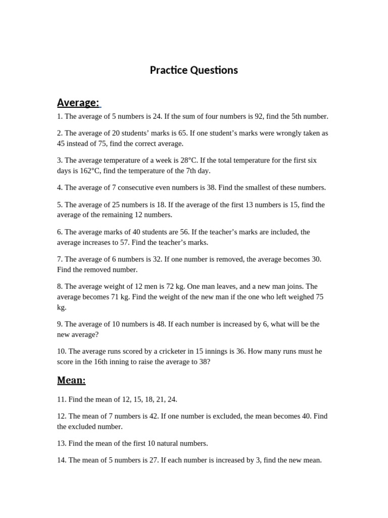 Practice Questions on Averages and Percentages | PDF | Average | Mean