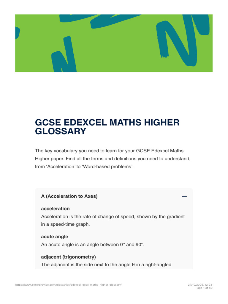 Edexcel Maths Higher Glossary - Oxford Revise | PDF | Angle | Numbers