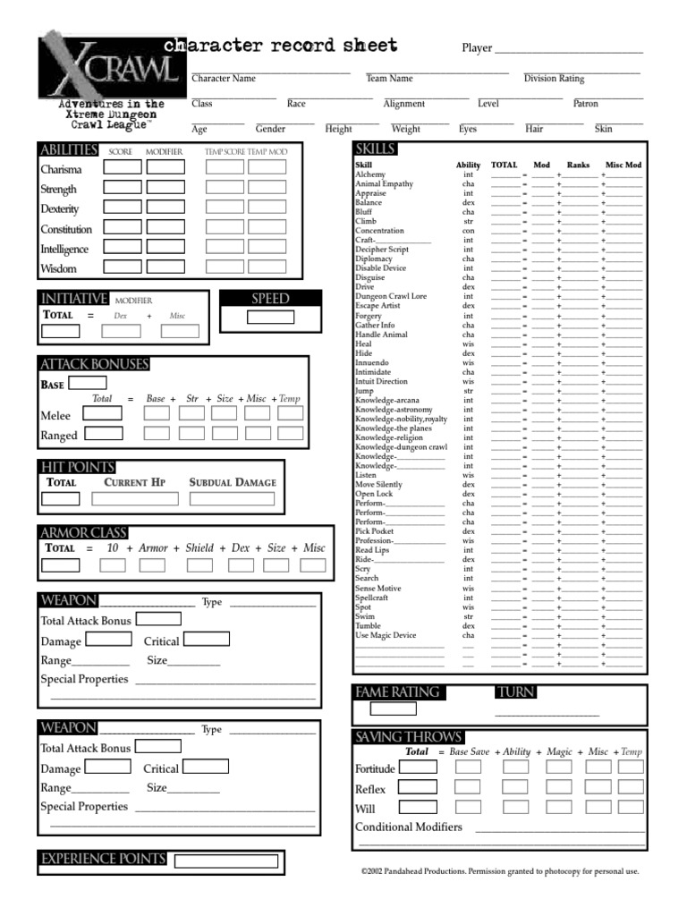 XCrawl 00 Character Record Sheet (d20) | PDF | Gaming | Tabletop Games