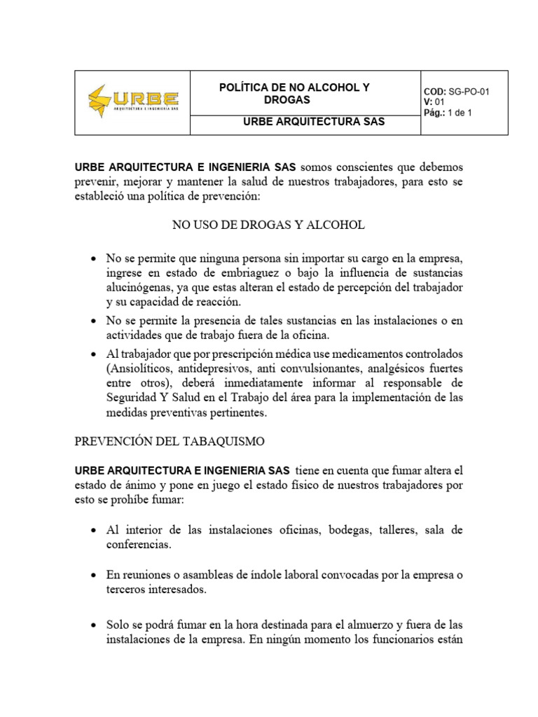 2. Sg-po-02 Politica Sobre No Alcohol y Drogas Urbe | PDF | Drogas