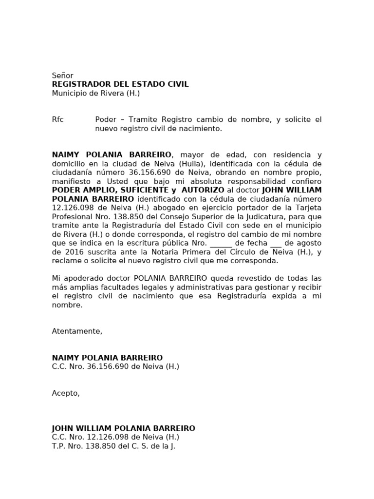 Poder Naimy - William para Registrar Nuevo Nombre | PDF