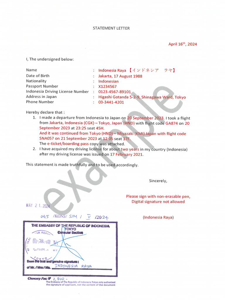 Format STATEMENT LETTER Riwayat Perjalanan Untuk Kirikae SIM Jepang | PDF
