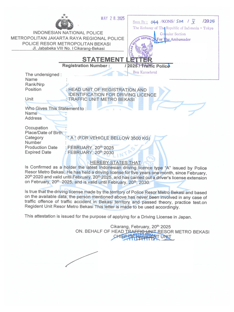 Contoh Legalisasi Statement Letter Kasatlantas - SIM Record | PDF