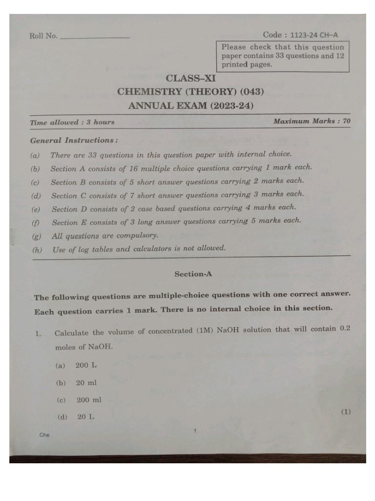 Last Year Board Paper XI | PDF