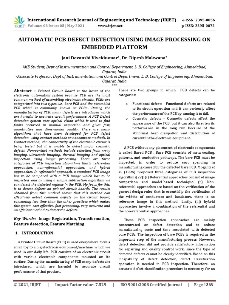 Irjet Automatic PCB Defect Detection | PDF | Printed Circuit Board | Multidimensional Signal ...