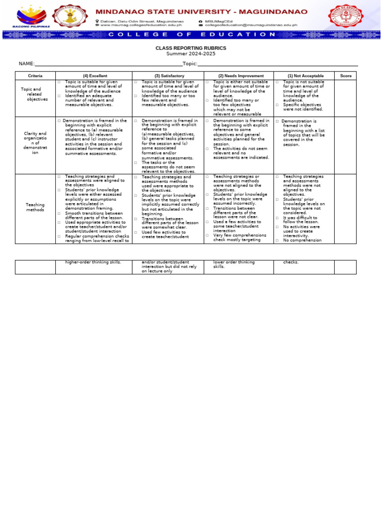 Class Reporting Rubrics for Summer 2024-2025 | PDF | Reading ...