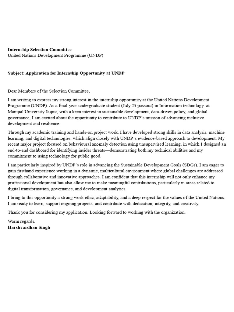UNDP Internship Application Letter | PDF