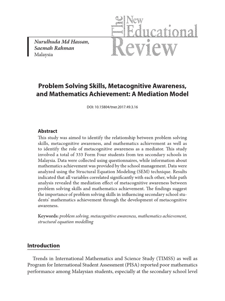 Problem Solving Skills Metacognitive Awareness, and Mathematics ...