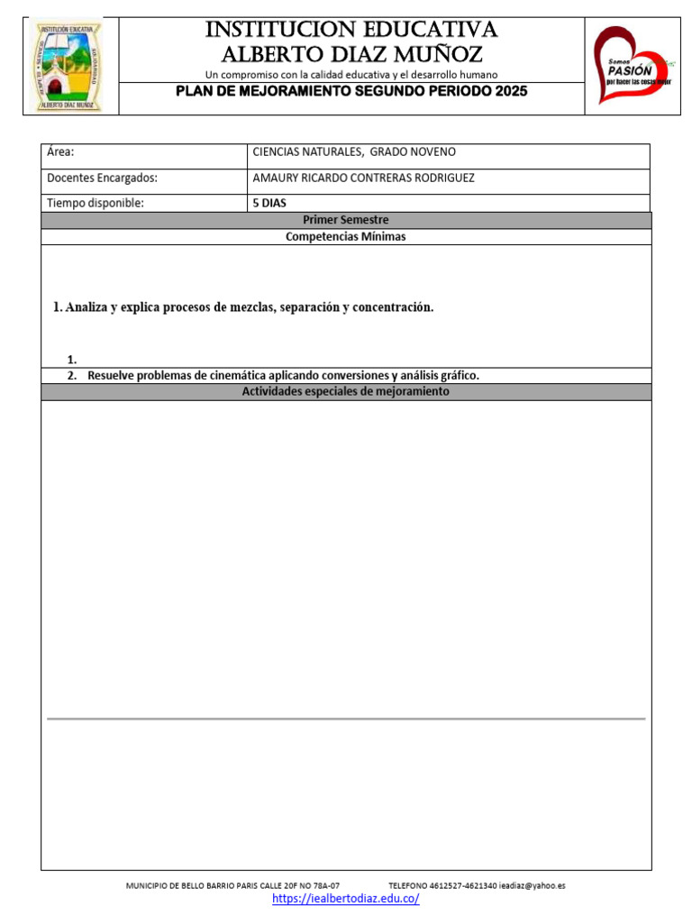 Plan de Mejoramiento Integral Grado 9 - Amaury Ricardo Contreras Rodriguez | PDF | Concentración ...