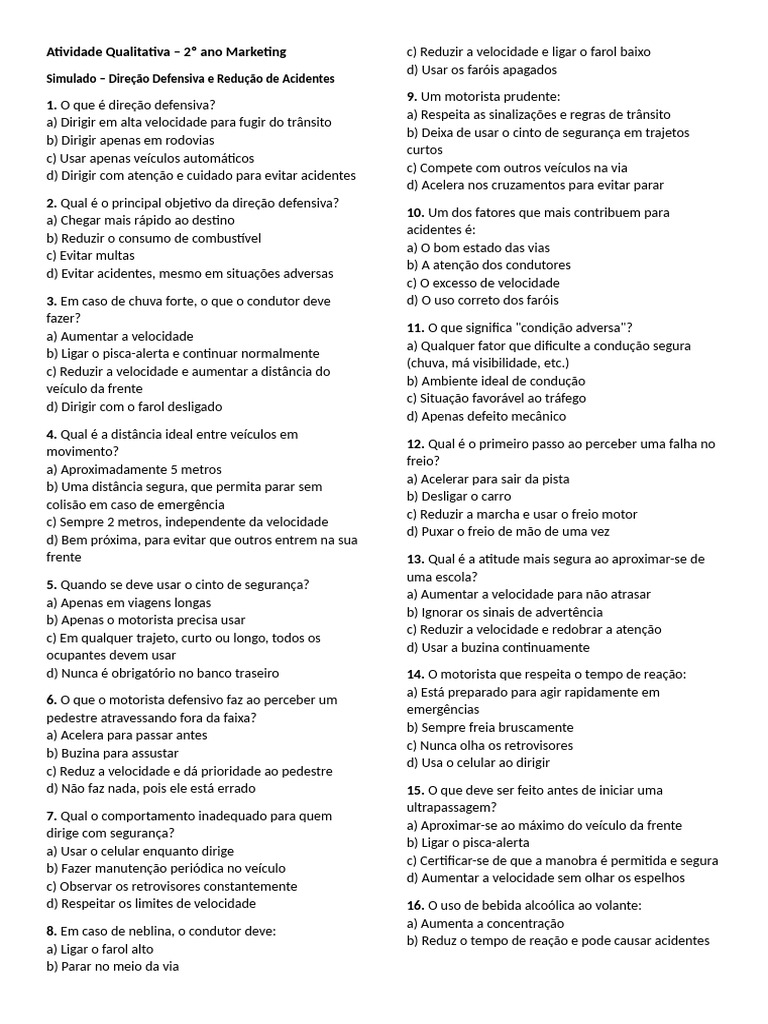 Simulado Educ Transito | PDF | Tráfego | Veículos