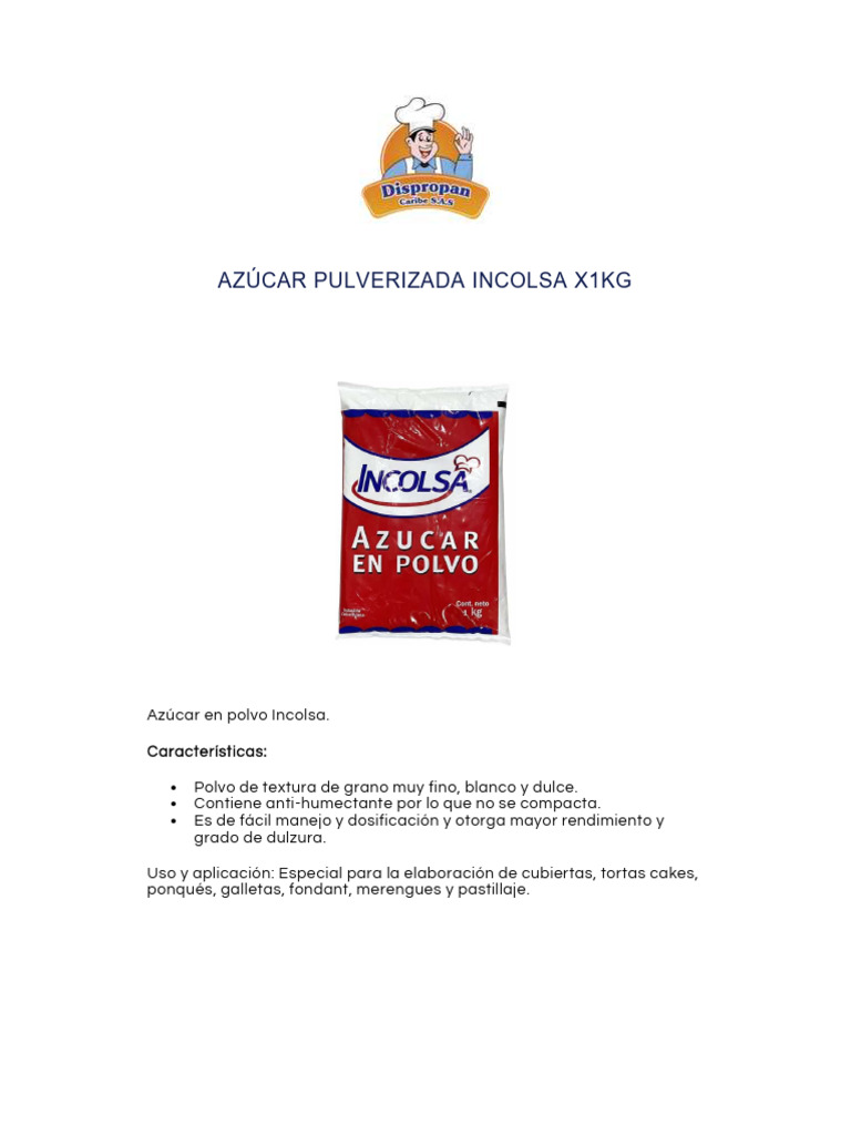 Azúcar Pulverizada Incolsa 1kg para Repostería | PDF