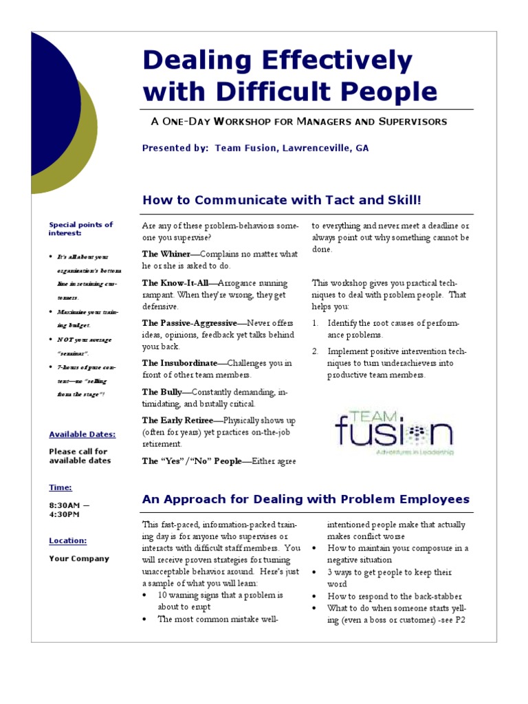 Dealing With Difficult People Workshop | PDF | Bullying | Leadership