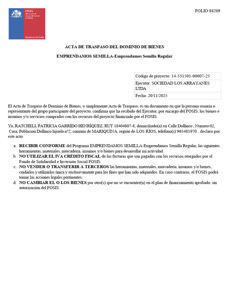 Acta de Traspaso FOSIS-2 | PDF | Economias