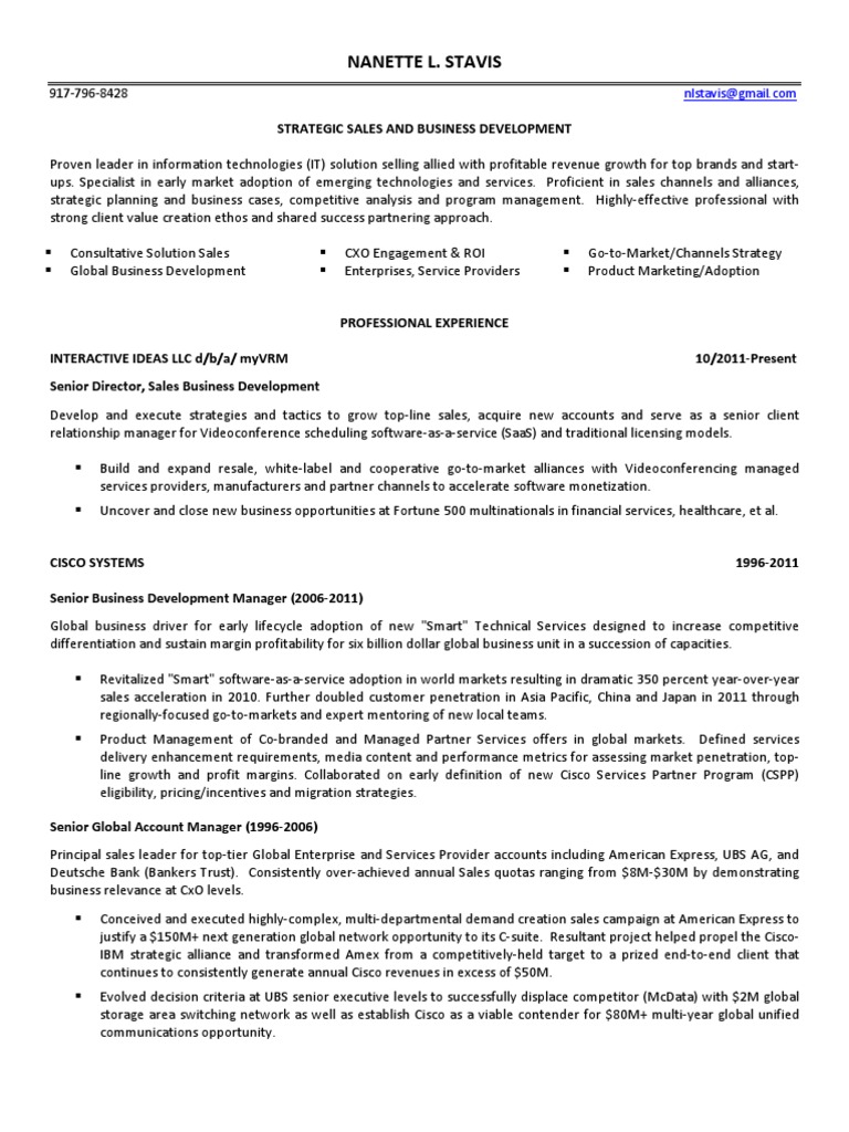Director Sales Business Development IT Remote in NYC Resume Nanette Stavis | PDF | Business ...