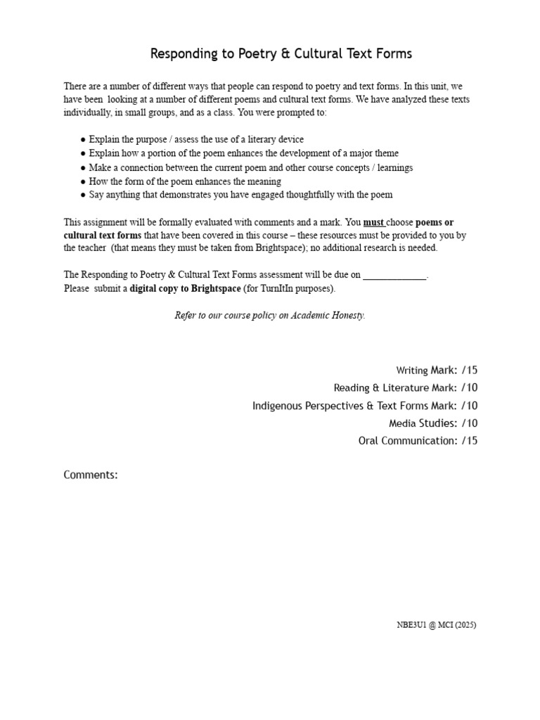 Poetry and Cultural Text Response Guide | PDF | Poetry | Learning