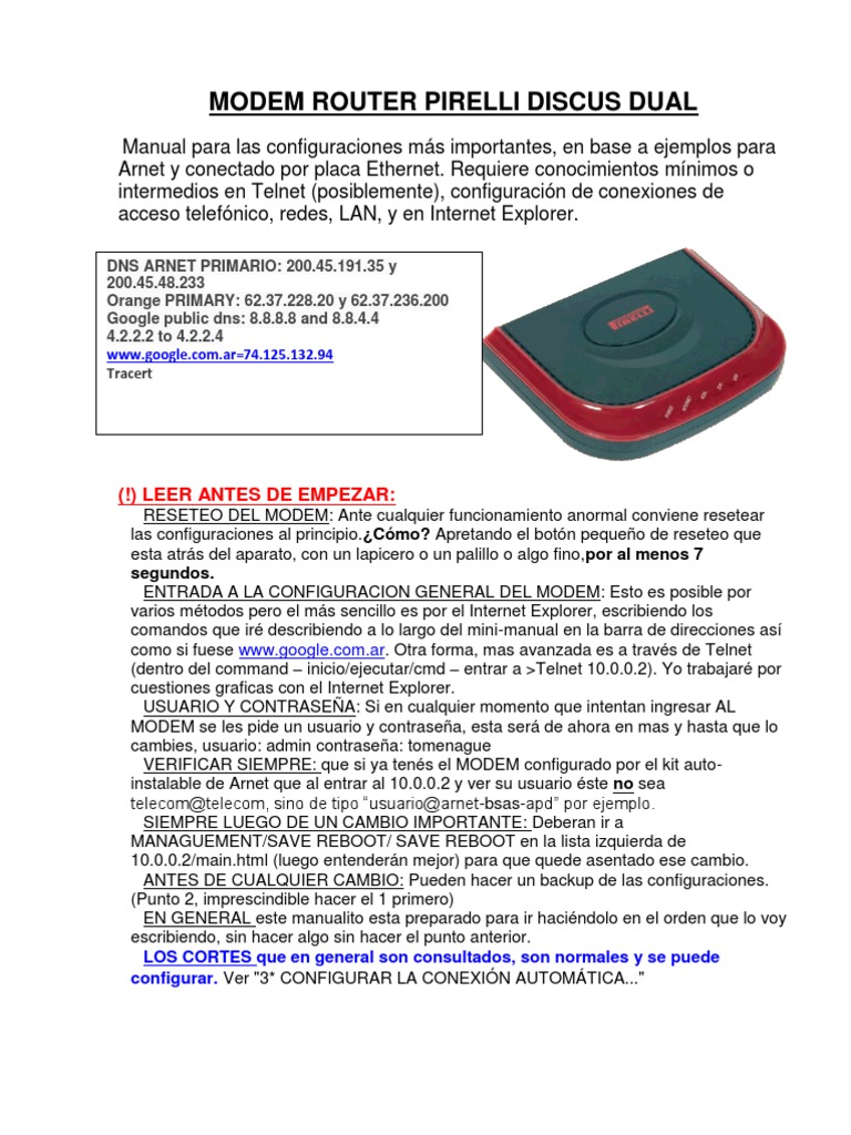 Modem Router Pirelli Discus Dual | PDF | Dirección IP | Protocolos de ...