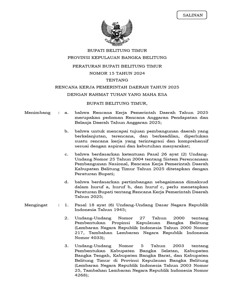 Perbup Belitung Timur Nomor 15 Tahun 2024 Tentang Rencana Kerja Pemerintah Daerah Tahun 2025 | PDF
