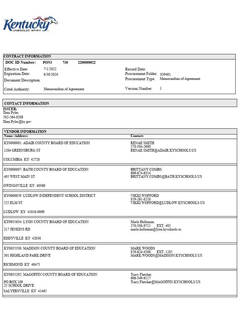 Kentucky Education Contract Details | PDF | Procurement | Business