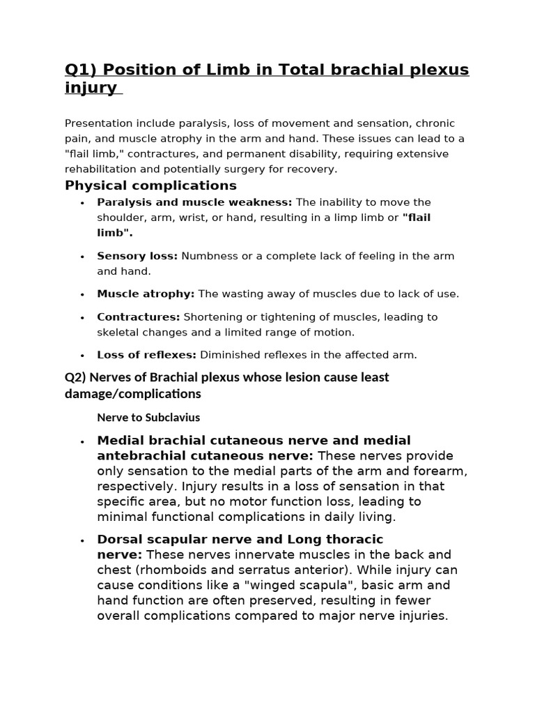 Q1) Position of Limb in Total Brachial Plexus Injury: Physical ...