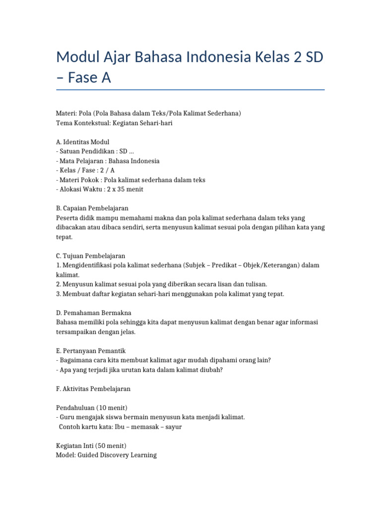 Modul Ajar Pola Kalimat Kelas 2 SD | PDF