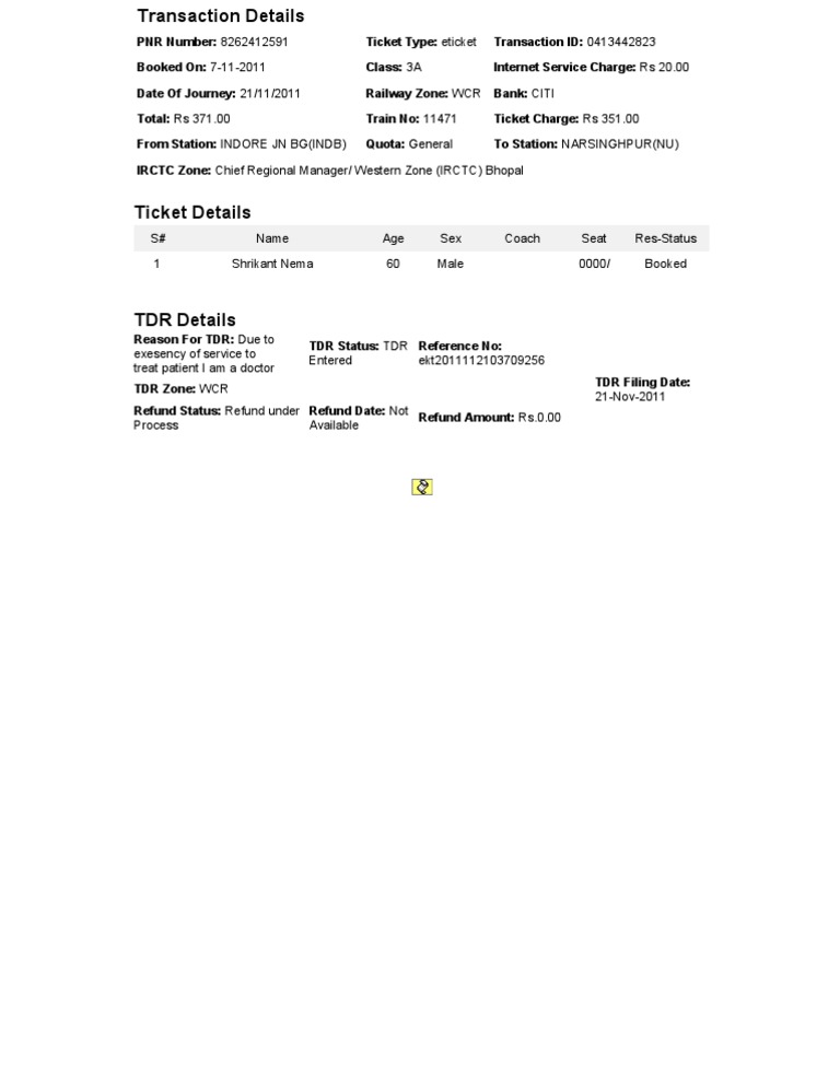 Train Ticket Transaction and TDR Details | PDF