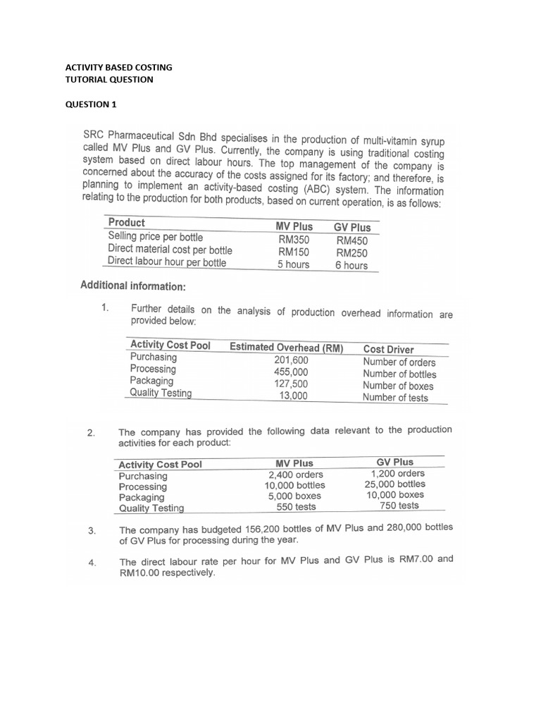 Activity Based Costing Tutorial Question | PDF