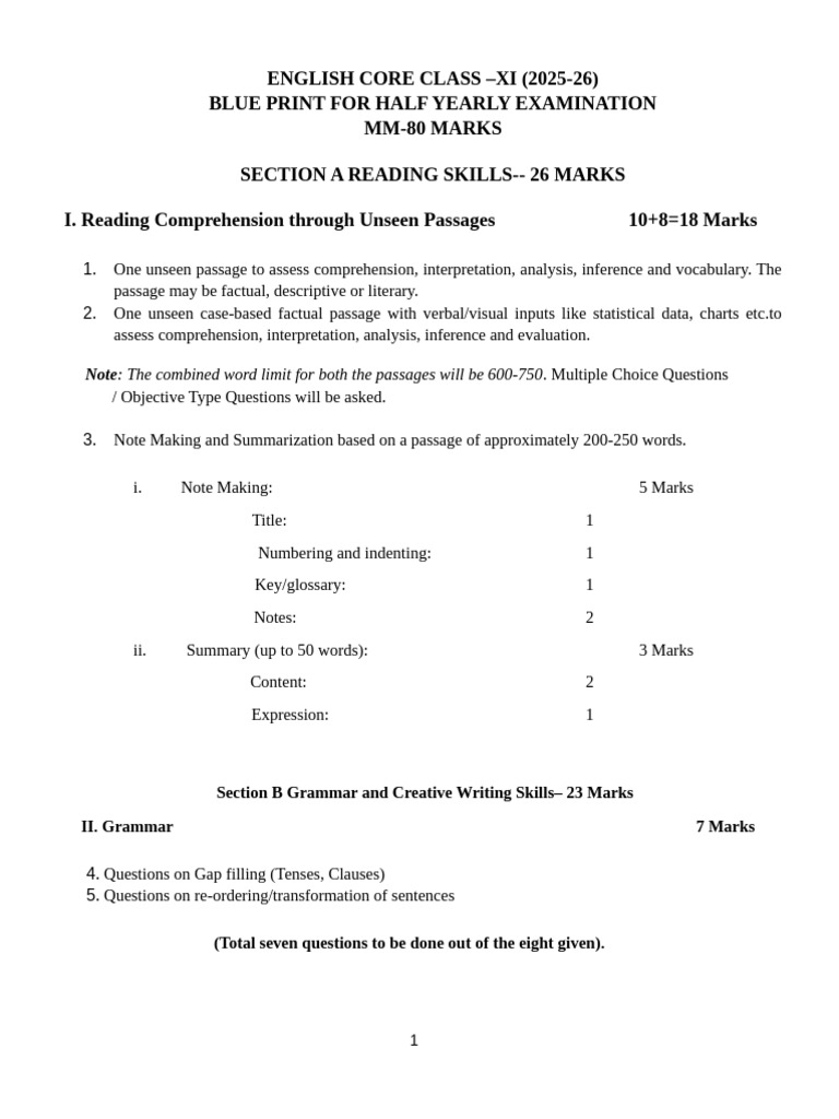English Core Class XI Exam Blueprint | PDF | Reading Comprehension ...