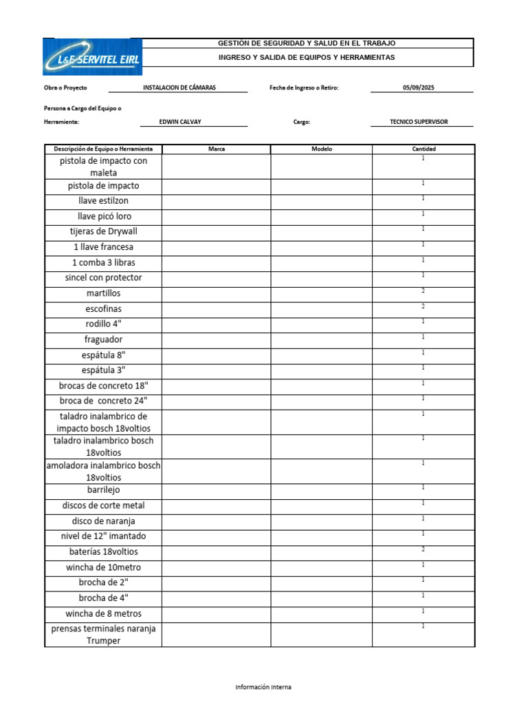 Formato de Ingreso y Salida de Herramienta EDWIN CALVAY | PDF | Sector secundario de la economía ...