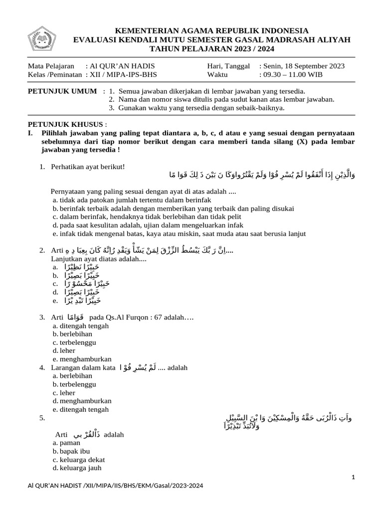 Soal Alquran Hadis Umum Xii Akm 2023 Pdf