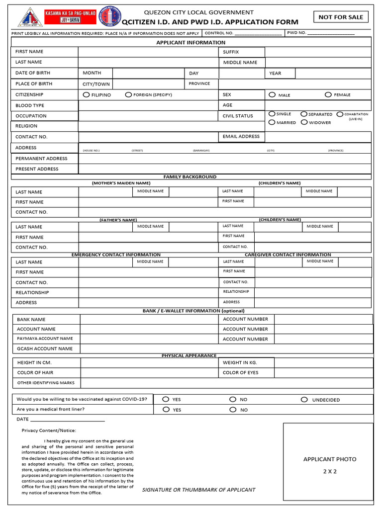 Qcitizen i.d. and Pwd i.d. Application Form | PDF | Disability | Identity Document