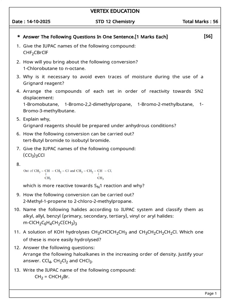 halo alkane Halo arene DPP 1 mark | PDF | Organic Chemistry | Chemistry