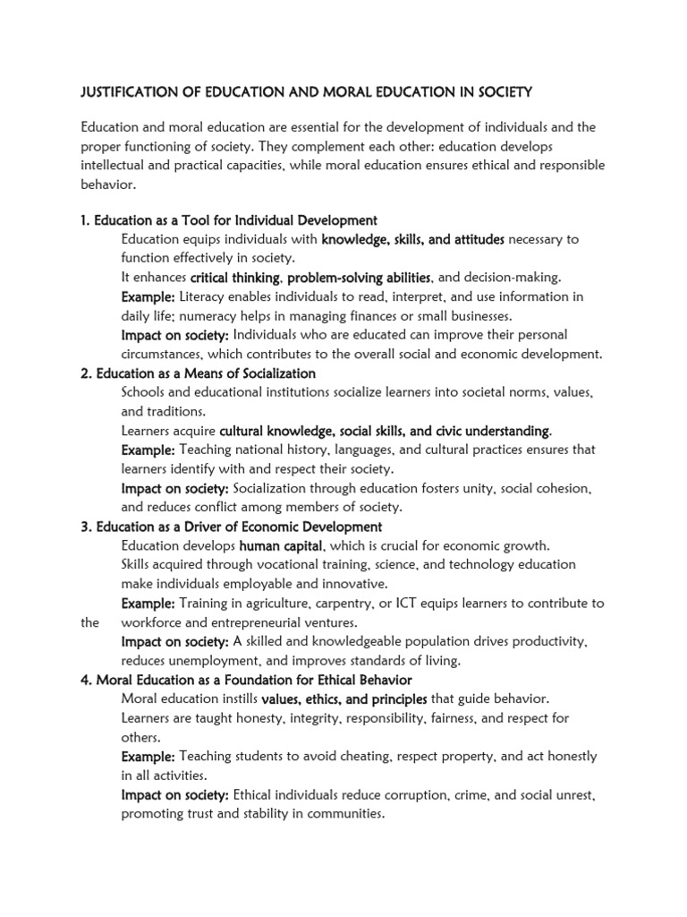 Justification of Education and Moral Education in Society | PDF | Value ...
