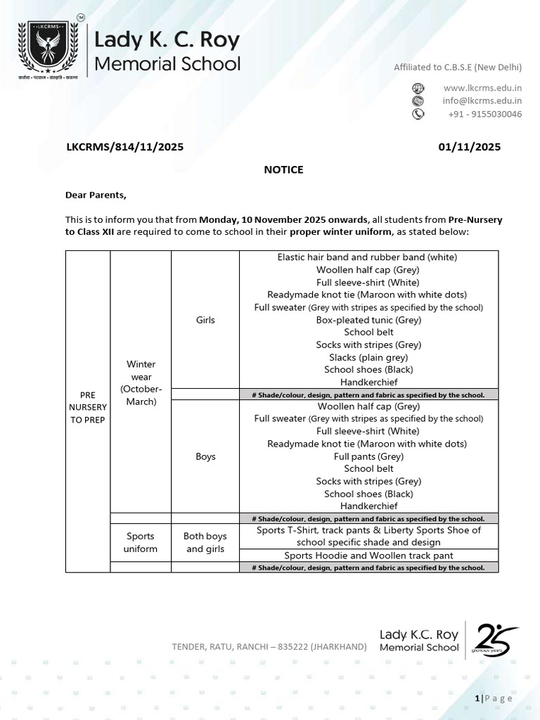 Notice No. 814 [Re. Winter Uniform] | PDF | Clothing | Uniforms