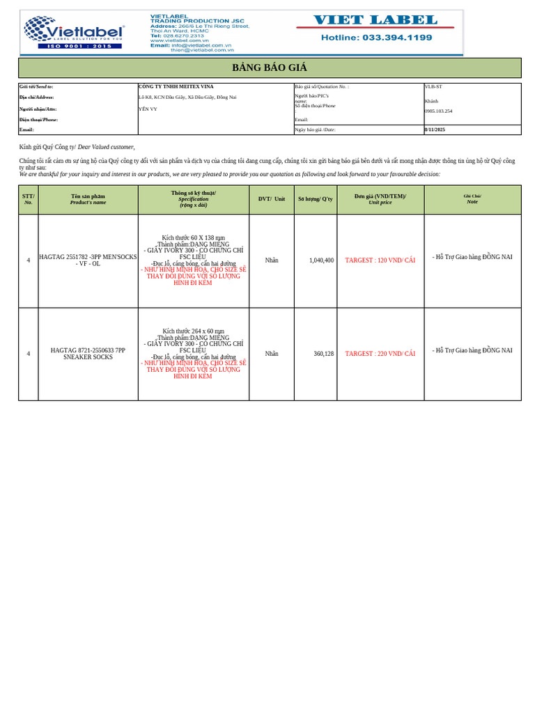 Báo Giá - Vlb - Meitex Vina - Ivory 300 | PDF