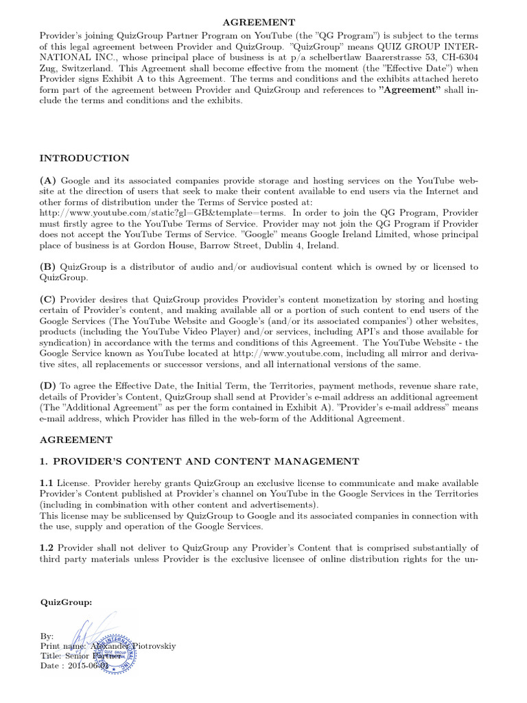 QuizGroup YouTube Partner Agreement | PDF | License | You Tube