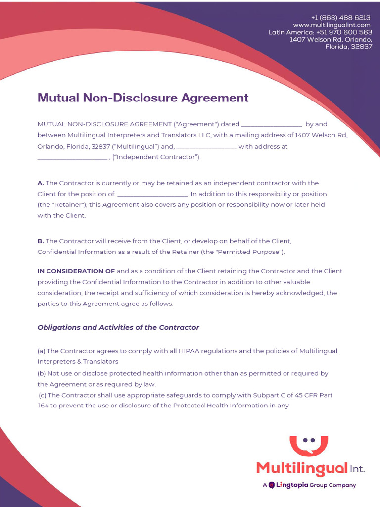 Mutual Non-Disclosure Agreement Template | PDF | Non Disclosure ...