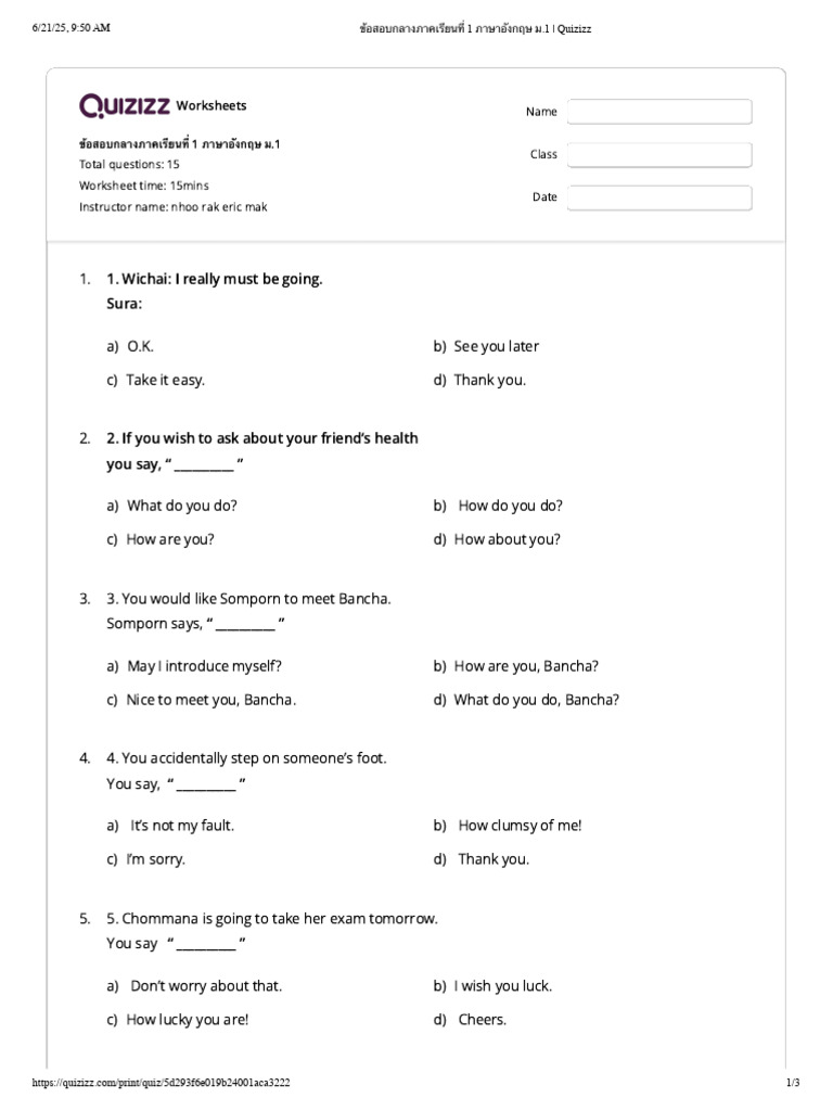 English Midterm Exam Worksheet M.1 | PDF | Chess Theory | Chess