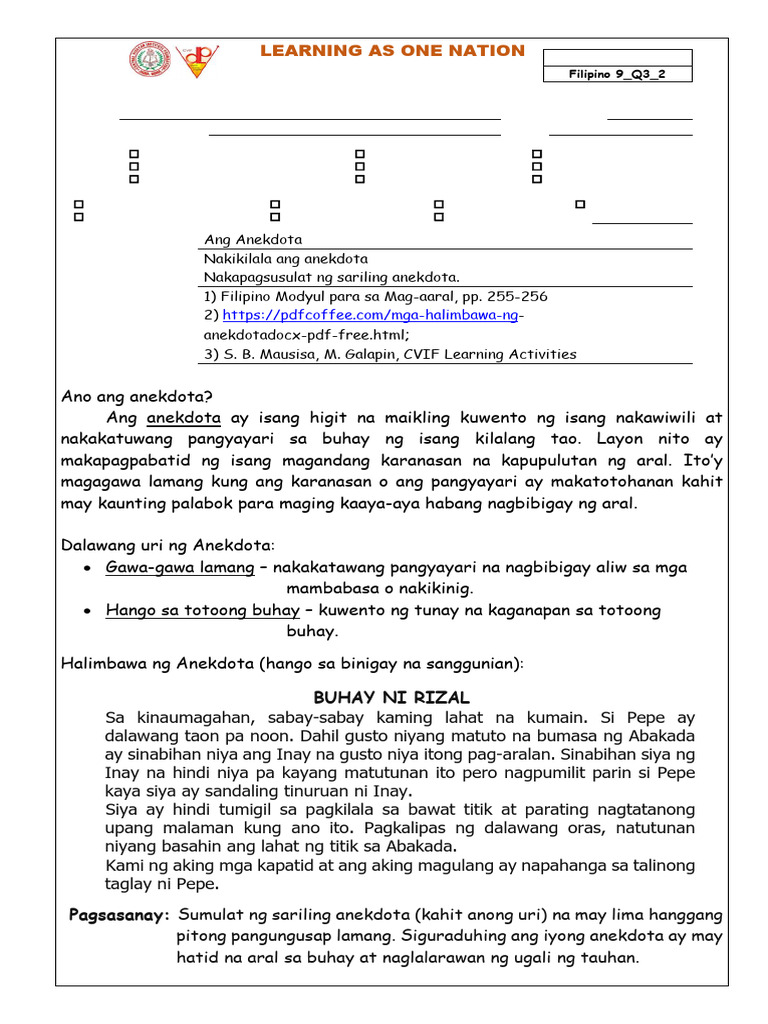 CHKD Fil 9 Q3 LAS 3 Anekdota | PDF
