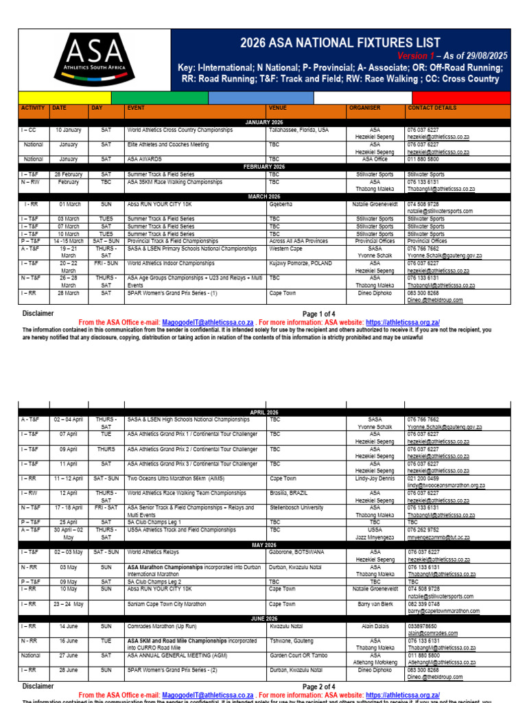 2026 ASA National Fixtures Schedule | PDF | Sport Of Athletics | Sports