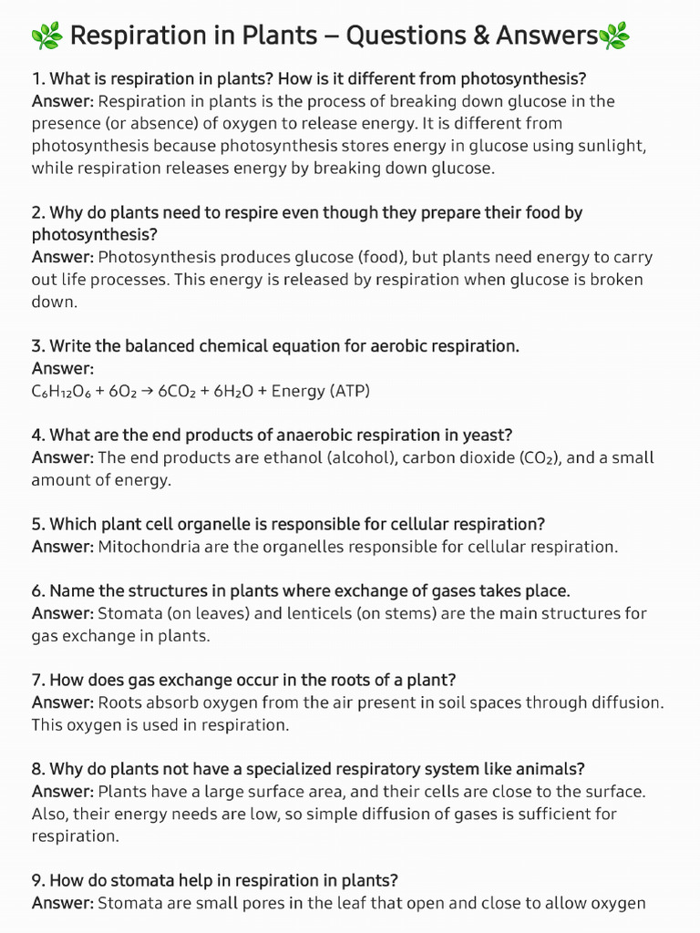 Respiration in Plants Q&A | PDF