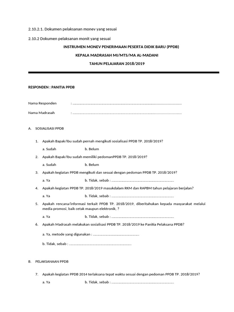 Instrumen Monev PPDB Madrasah 2018/2019 | PDF