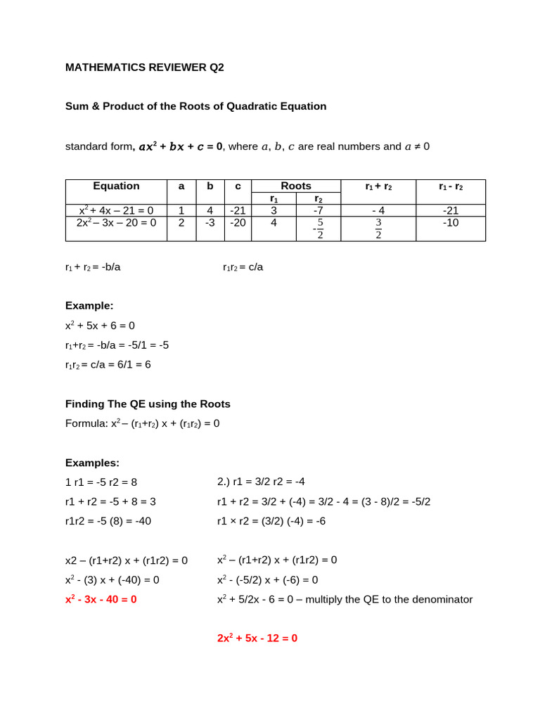 Mathematics Reviewer q2 | PDF | Quadratic Equation | Elementary Mathematics
