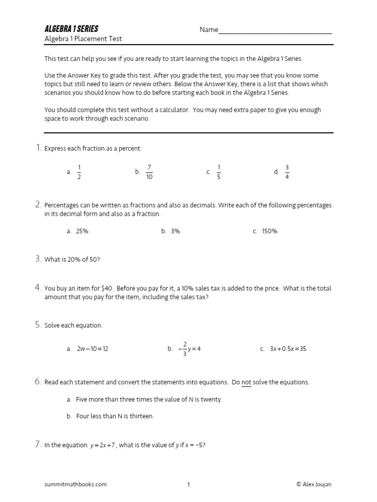 Algebra 1 Placement Test Guide | PDF | Percentage | Algebra