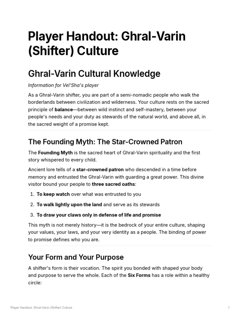 f4b3ecc5 b5b2 4b86 Bcb0 64c0297b0f41 Player Handout Ghral Varin (Shifter) Culture | PDF | Nature